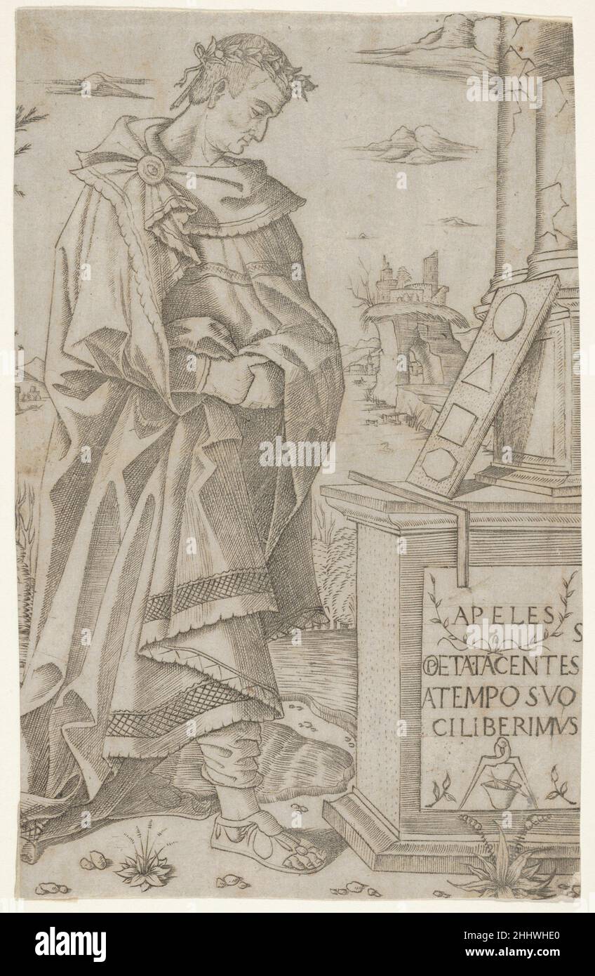 Apelles standing profile looking at a tablet of geometric figures 1500 ...