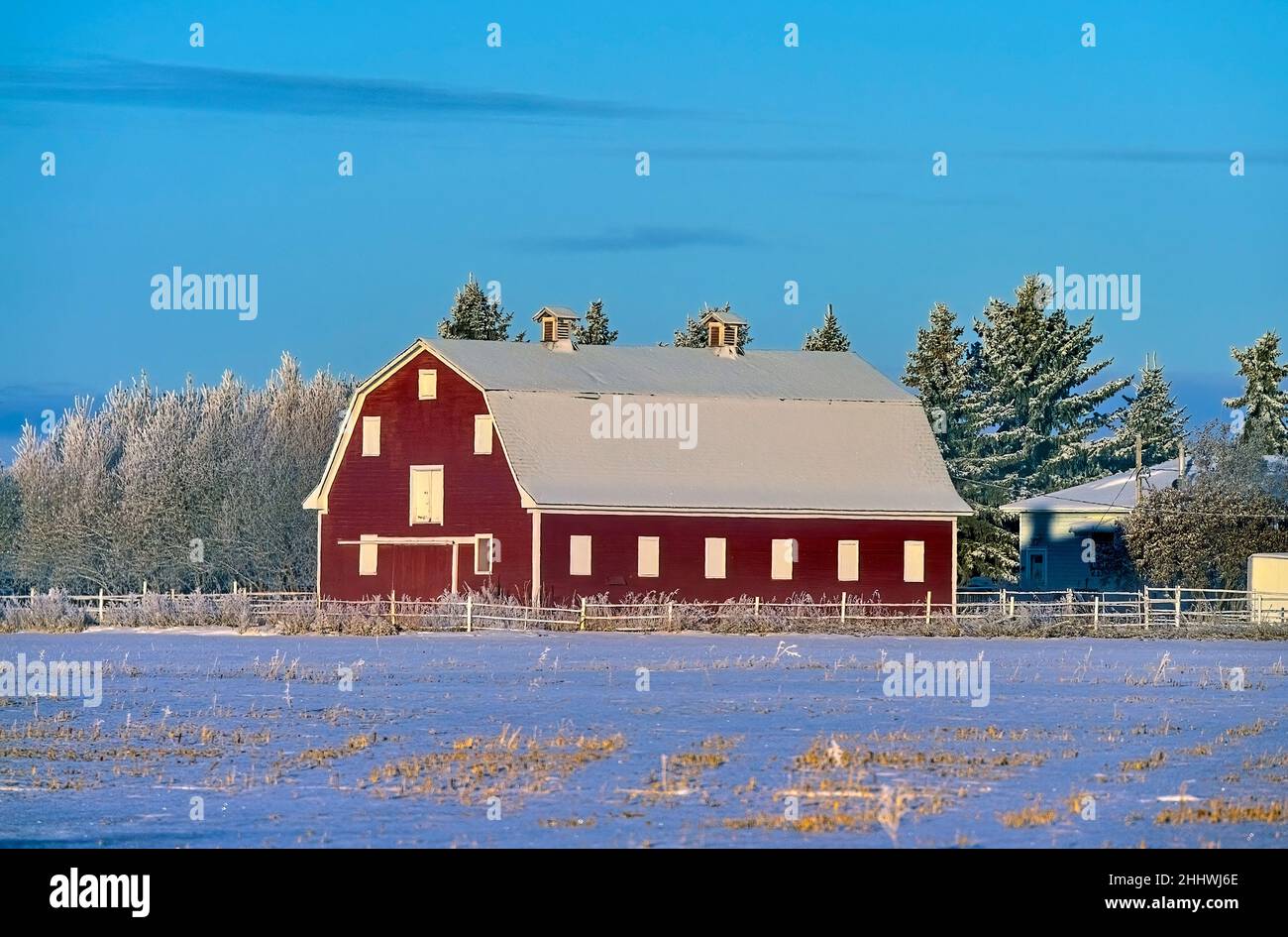 A winter farm scene with a red barn with a snow covered roof in rural ...