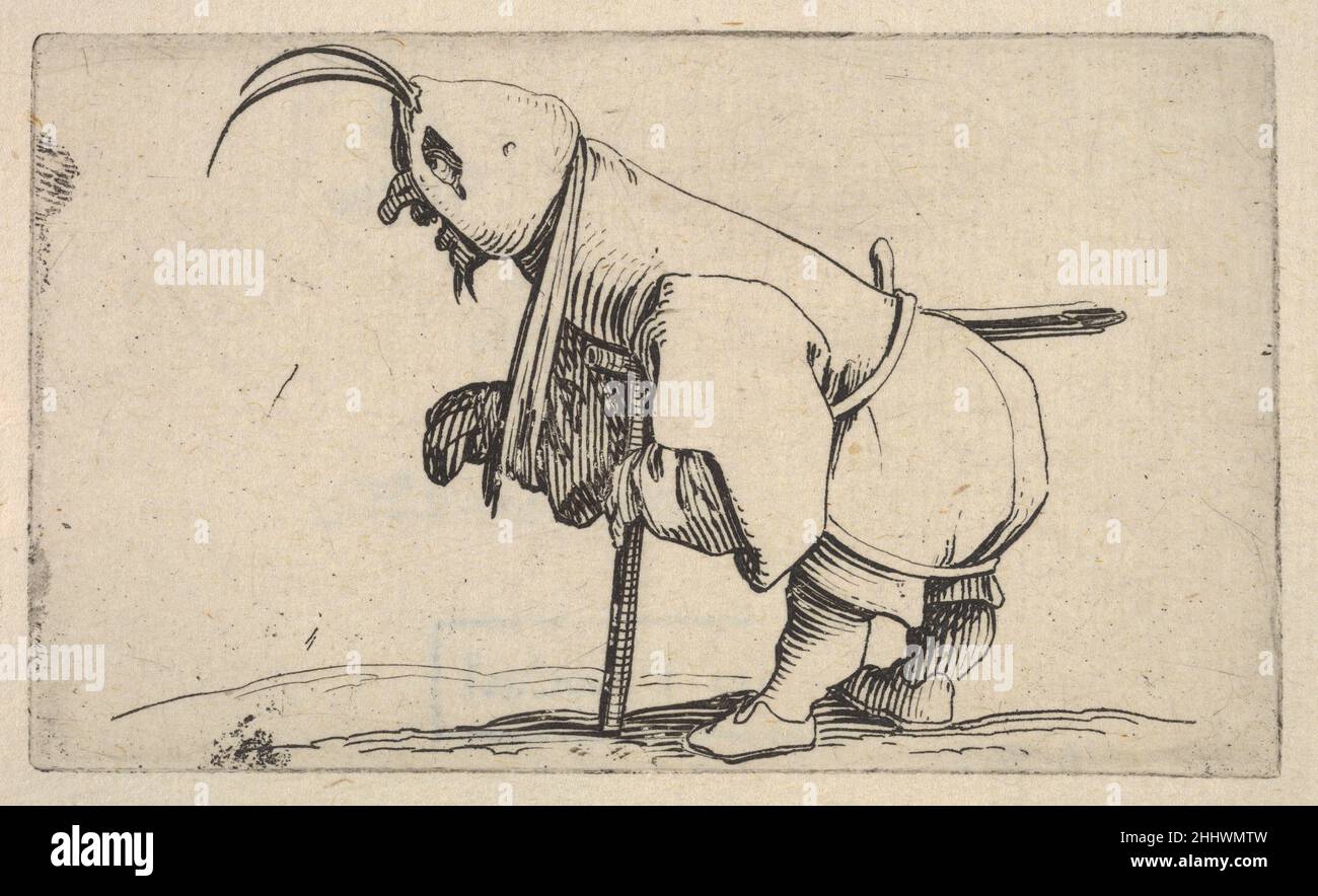 Hooded small figure hunched over a crutch, in profile view with left ...