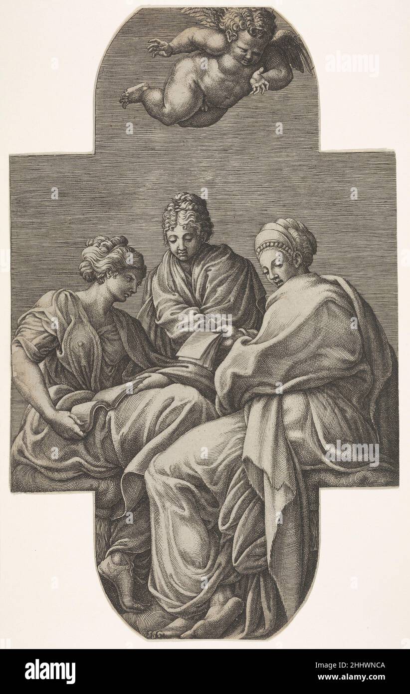 Three Muses seated underneath a flying putto who gestures downward, a ...