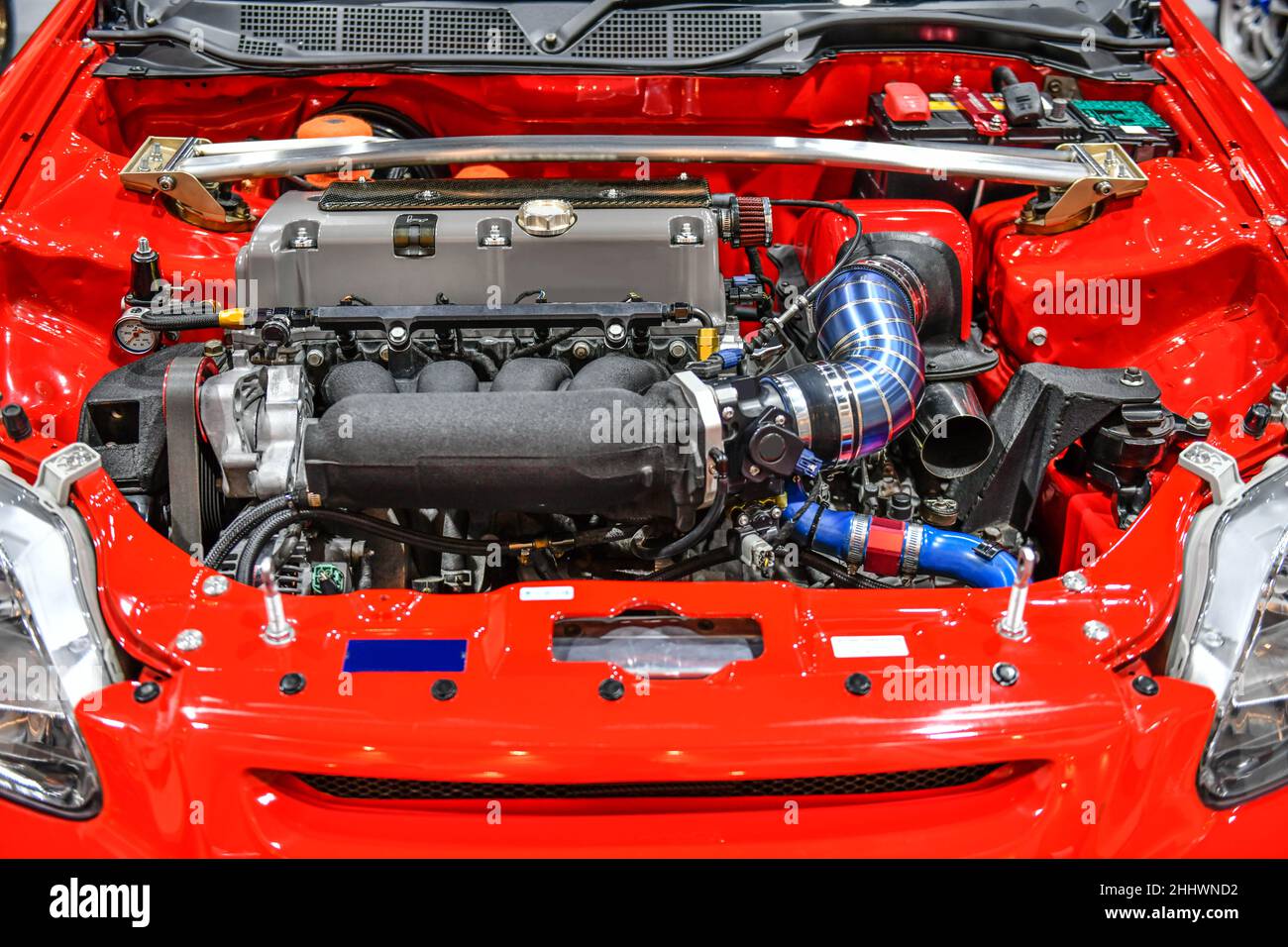Details of red car engine. Modification of the turbo engine Stock Photo ...