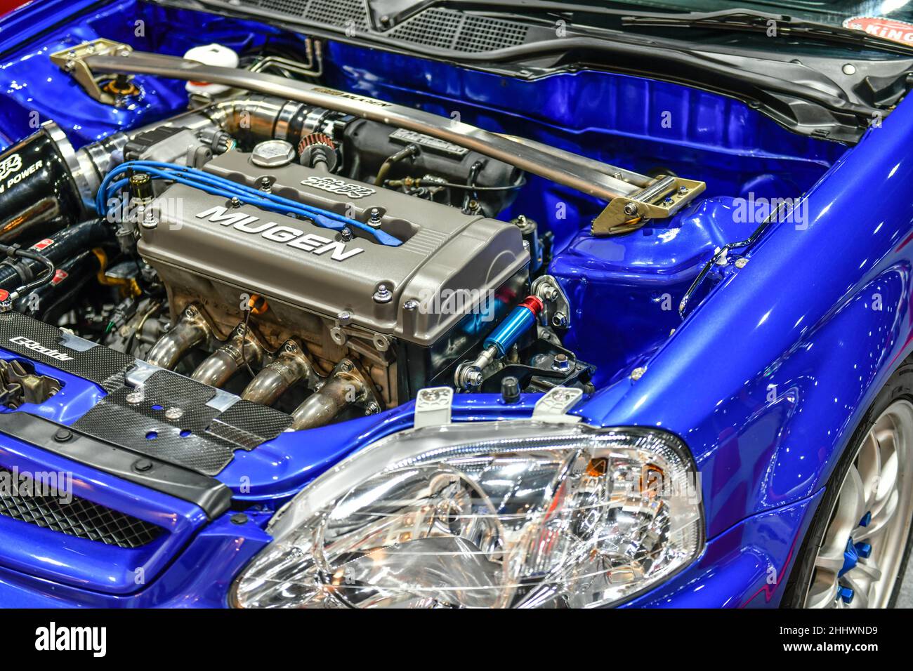 Details of blue car engine. Modification of the turbo engine Stock ...