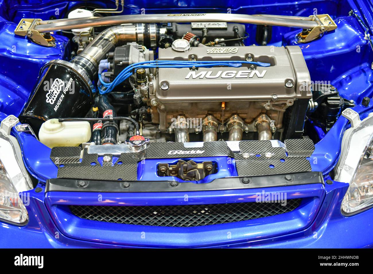 Details of blue car engine. Modification of the turbo engine Stock ...