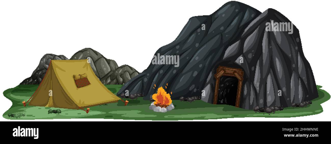 Isolated landscape with stone cave and camping tent illustration Stock ...