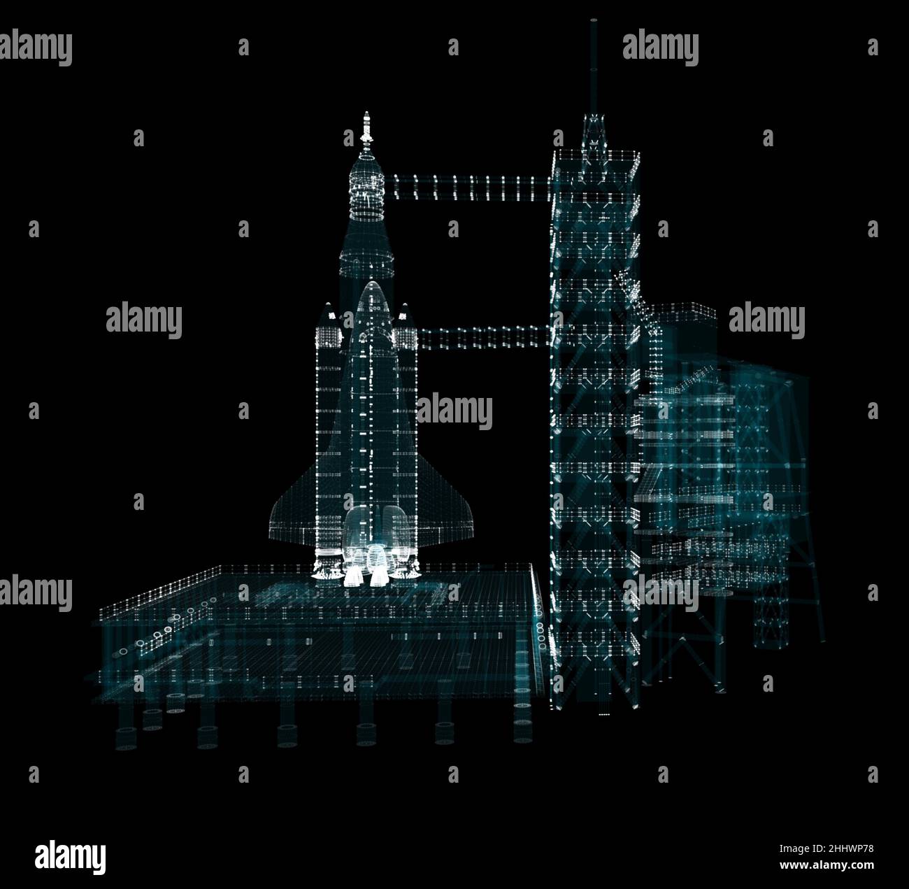 Abstract launch pad complex: rocket launch as part of a space mission ...