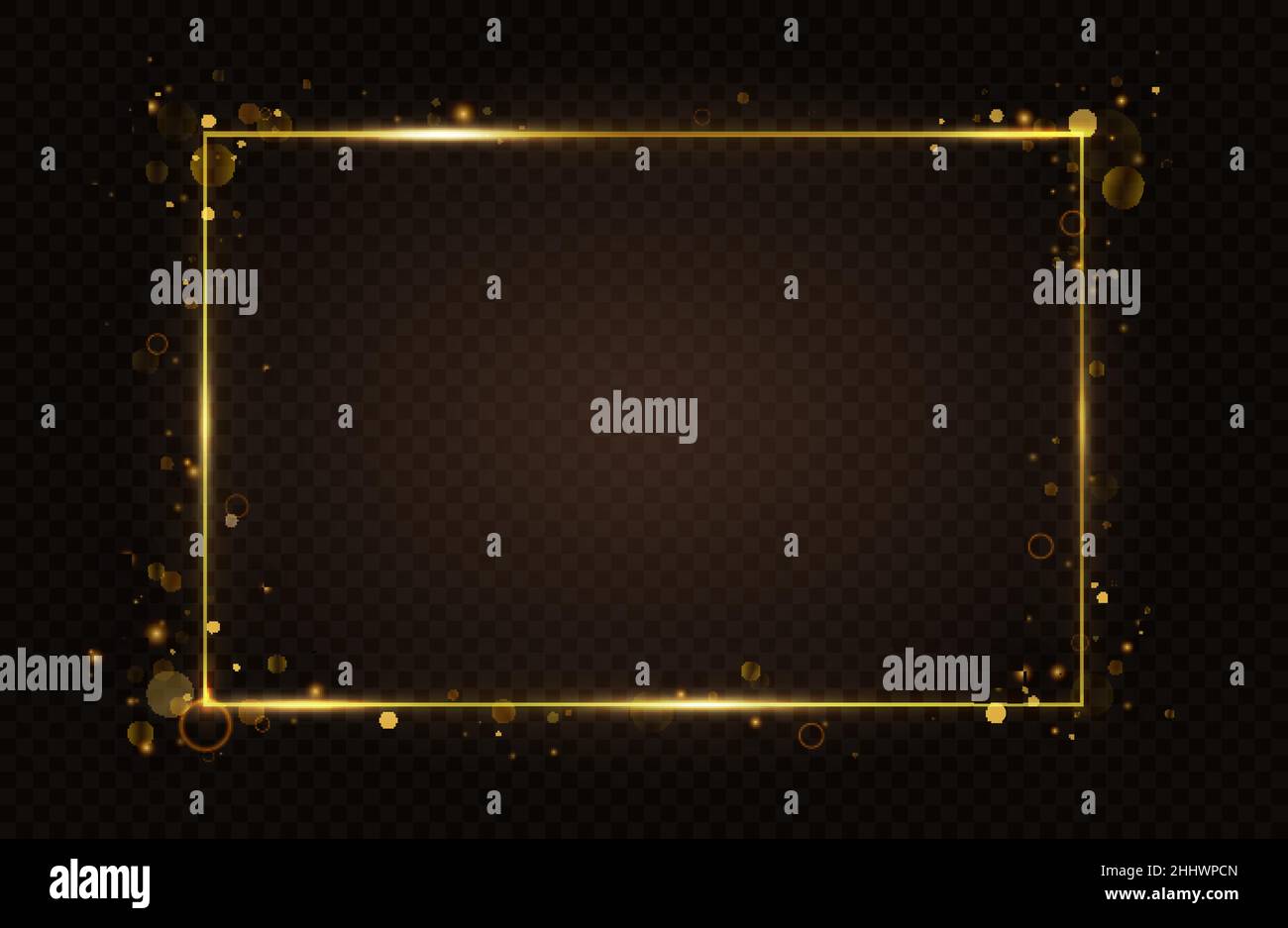 Gold glowing rectangular frame, light effect vector illustration. Luxury luminous golden neon ...