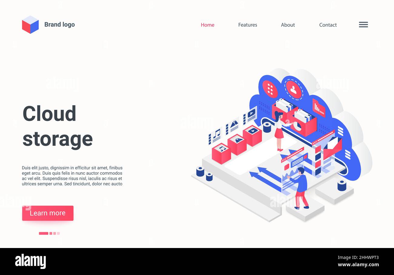 Cloud data storage service concept isometric vector illustration. Cartoon 3d people transfer ...