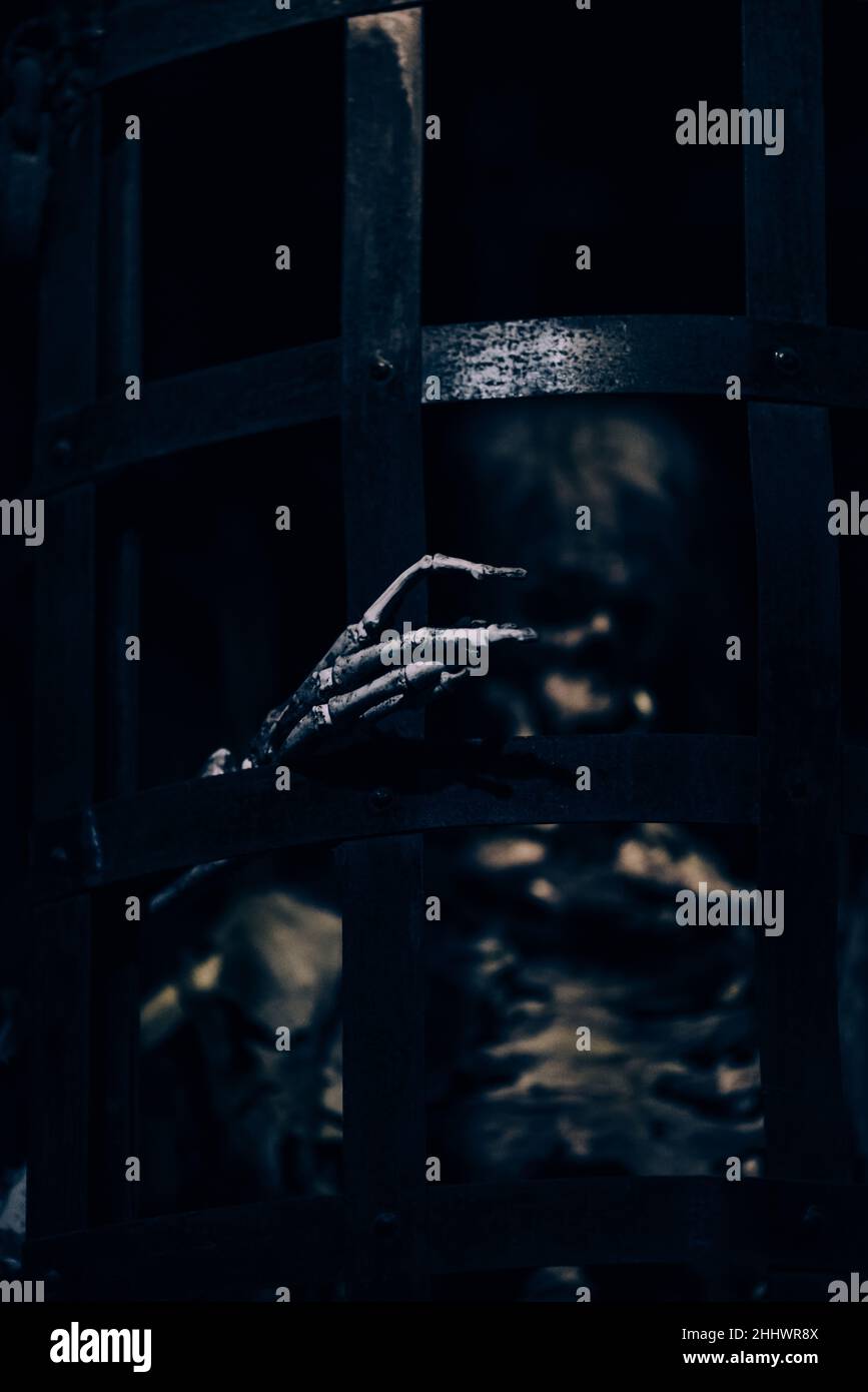 Vertical shot of a human skeleton in a dark cage - dark fantasy, horror ...