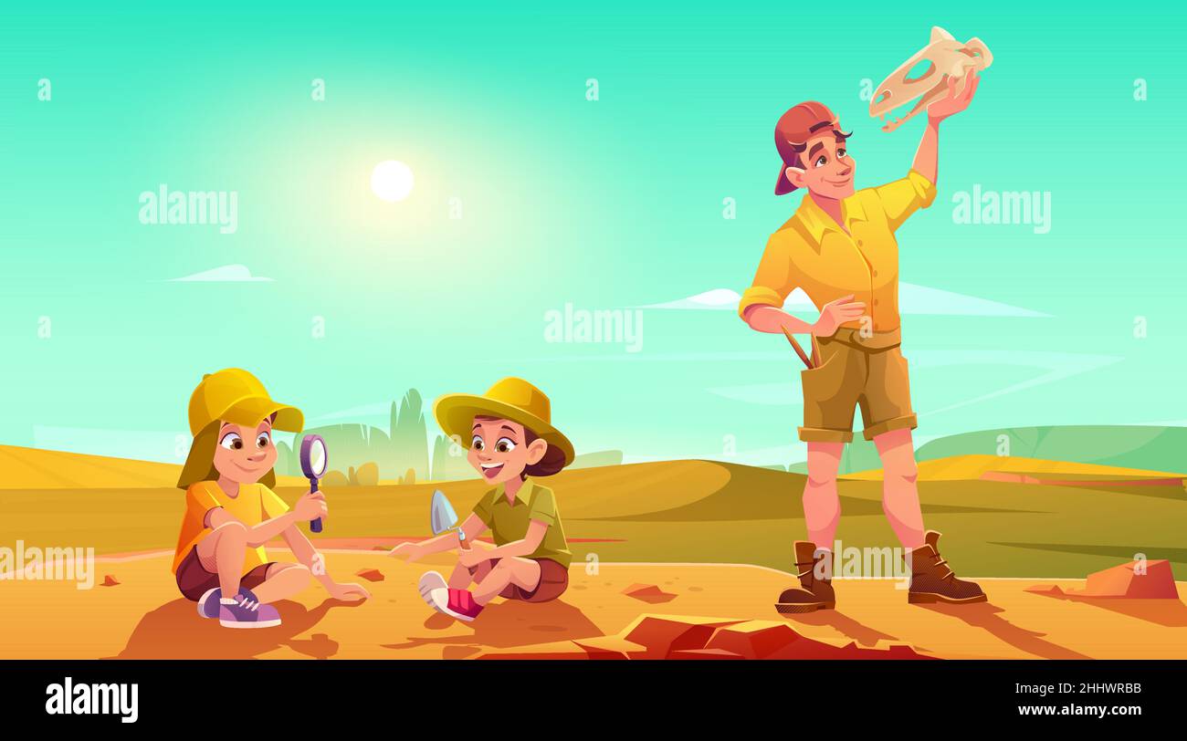 Kids explore archaeology and dino fossils, children play in ...