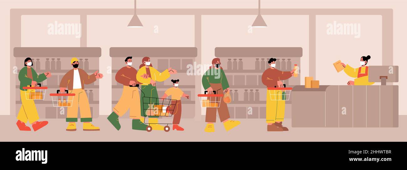 People in face masks standing in queue to checkout counter in ...