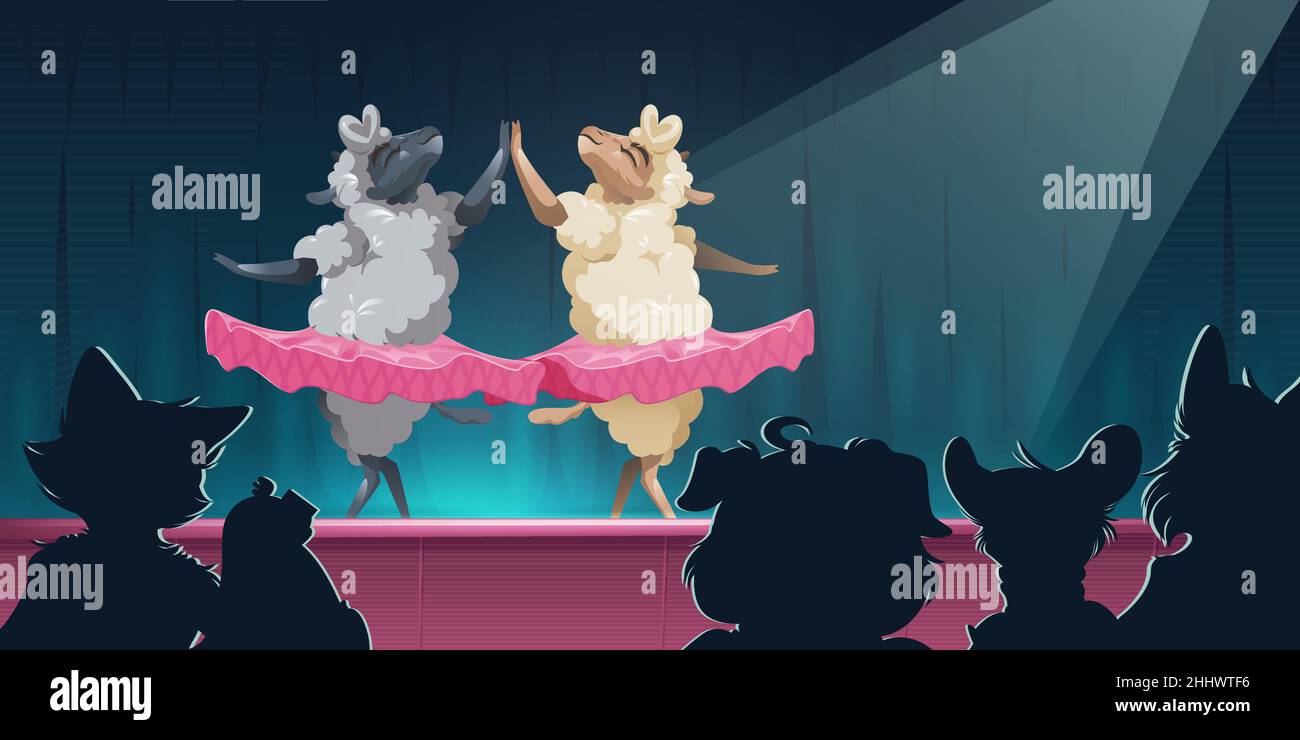 Animal theater with sheeps in tutu dancing ballet on stage. Vector ...
