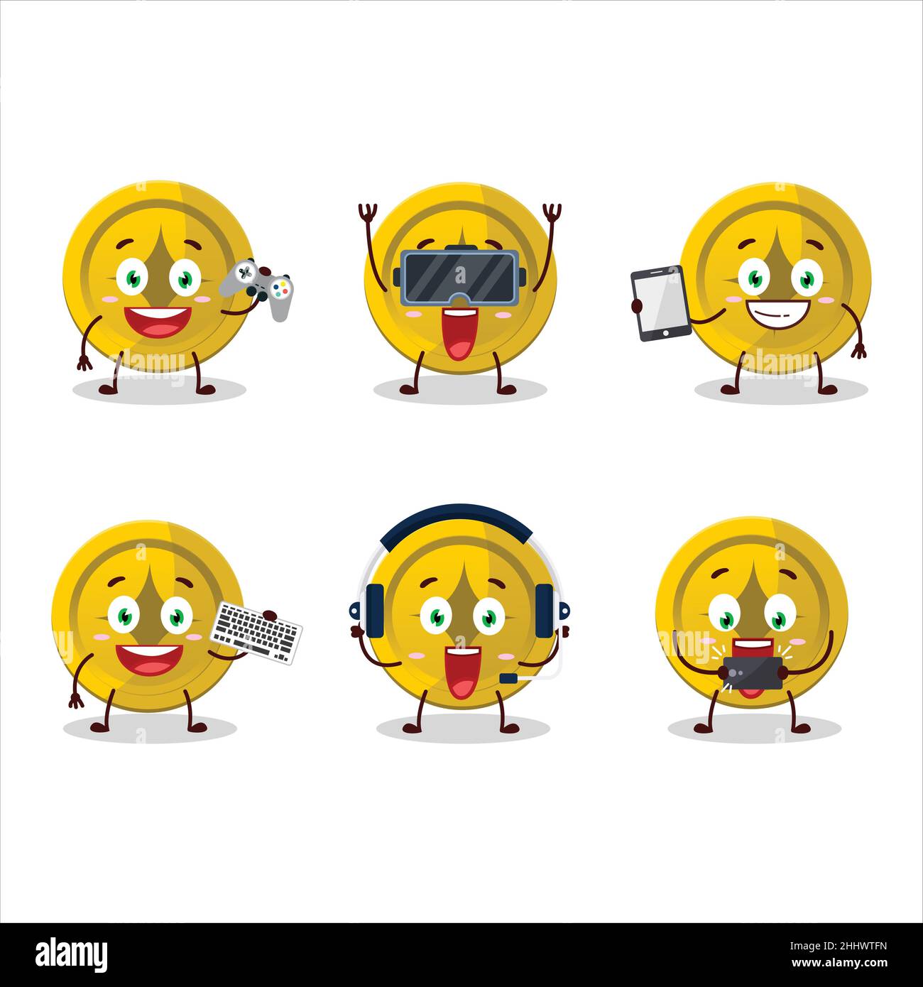 Gold coin cartoon character are playing games with various cute ...
