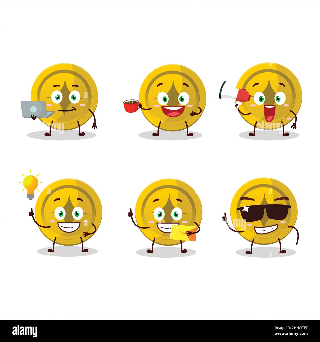 Gold coin cartoon character with various types of business emoticons ...