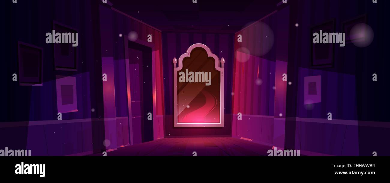Home corridor interior with magic mirror on wall at night. Vector ...