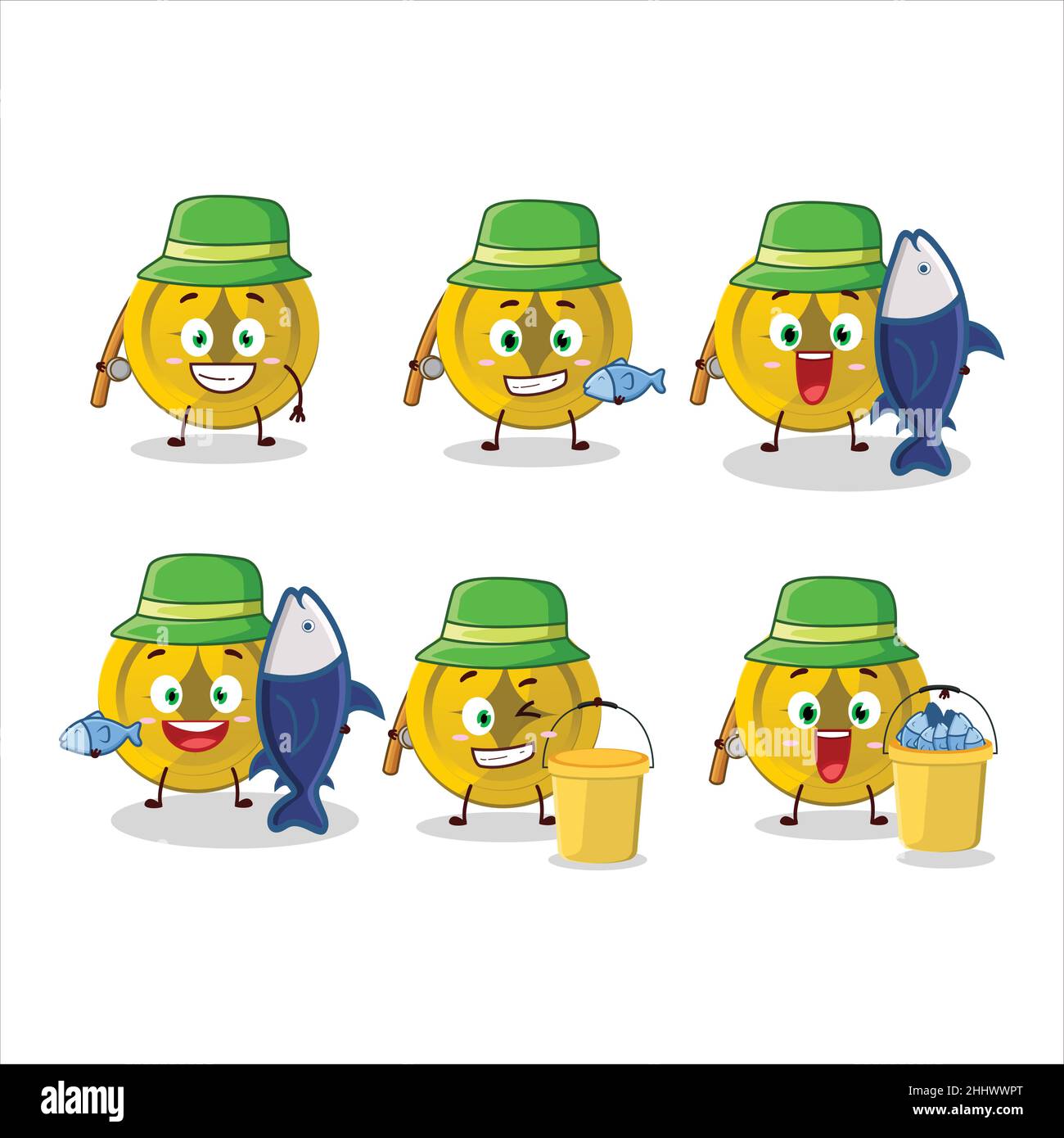A fisherman gold coin cartoon picture catch a big fish. Vector ...