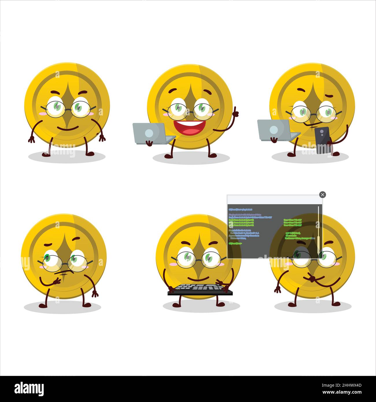 Gold coin Programmer cute cartoon character with. Vector illustration ...