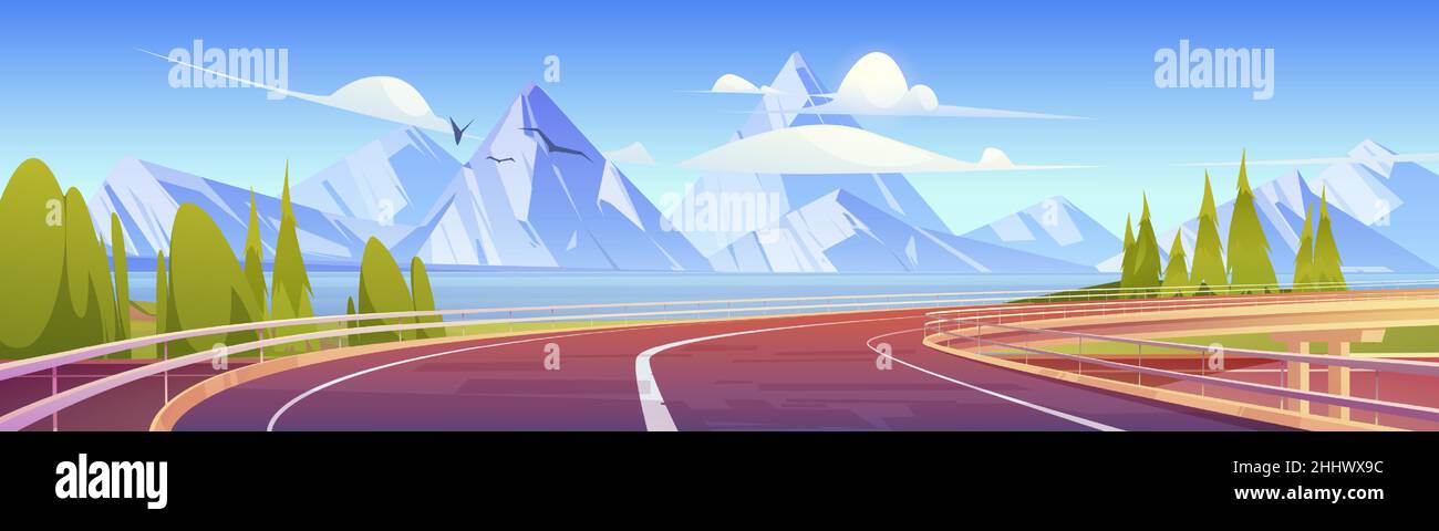 Car overpass road on lake shore with green trees and mountains on ...