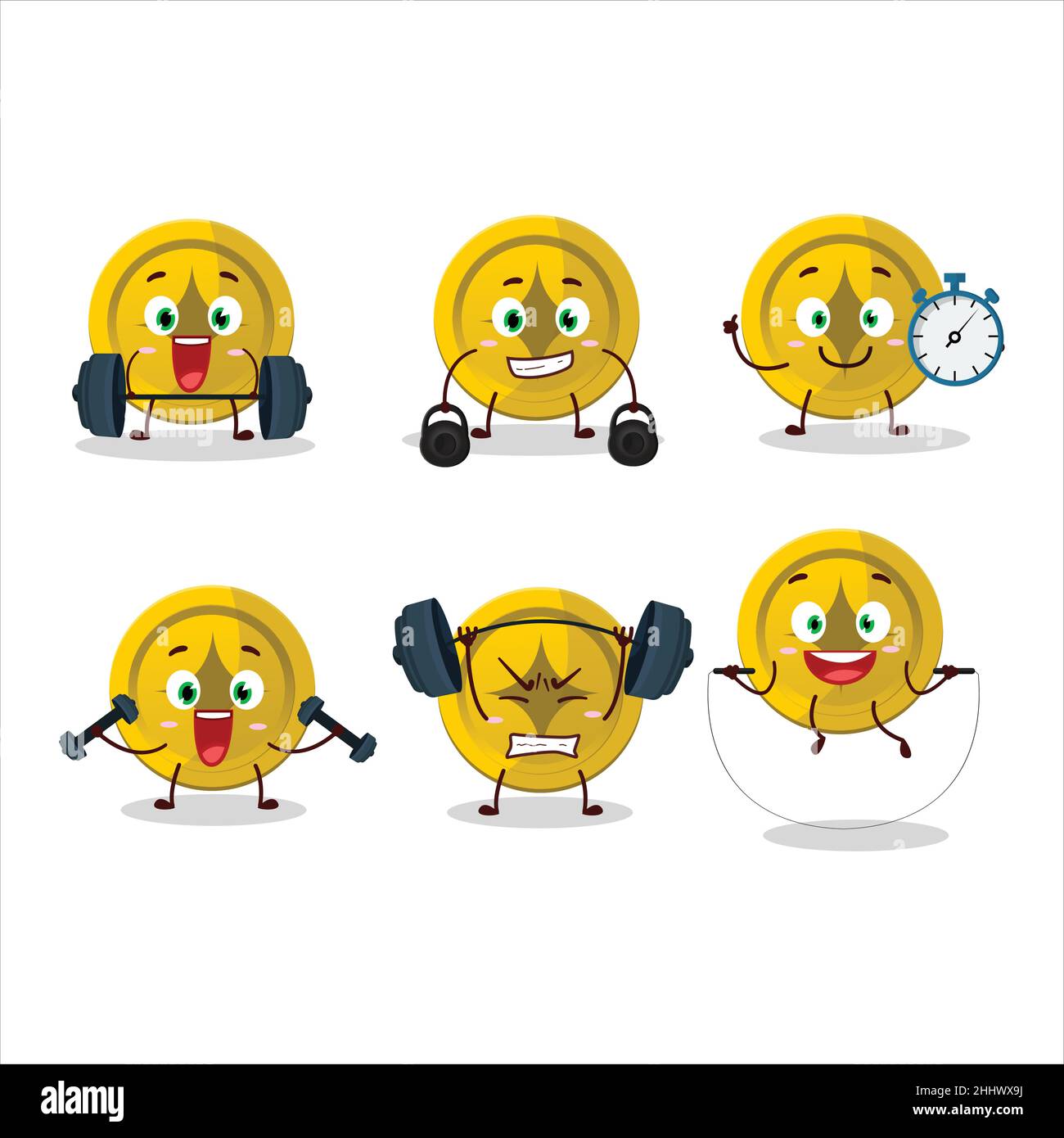 A healthy gold coin cartoon style trying some tools on Fitness center ...