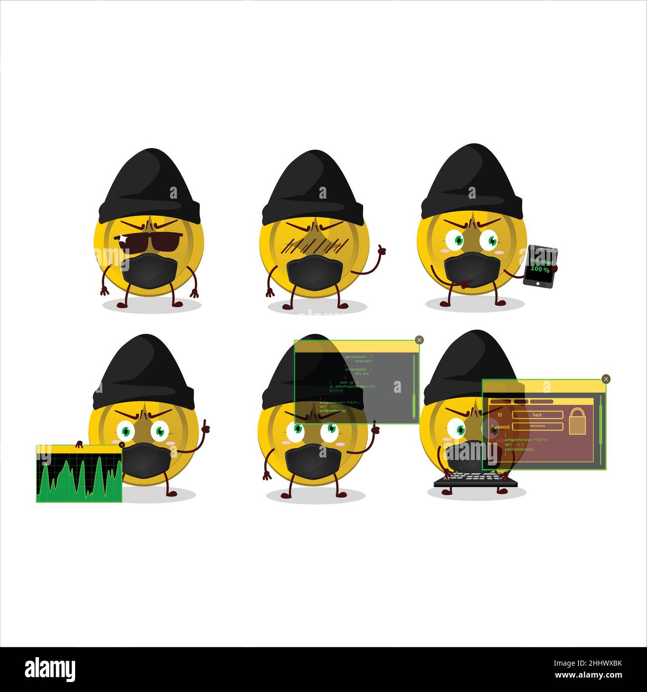 A Hacker gold coin character mascot with. Vector illustration Stock ...