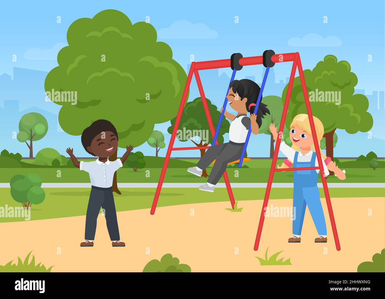 Children play, fun outdoor activity on playground in summer city park ...