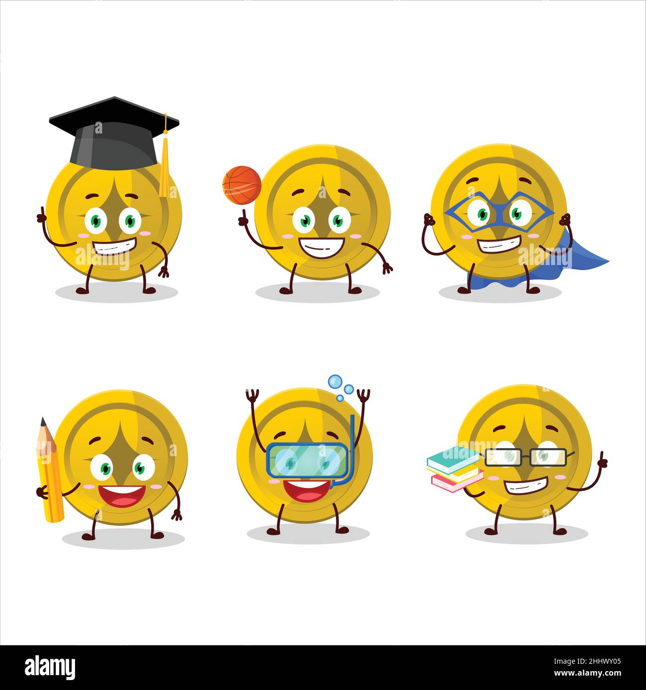 School student of gold coin cartoon character with various expressions ...