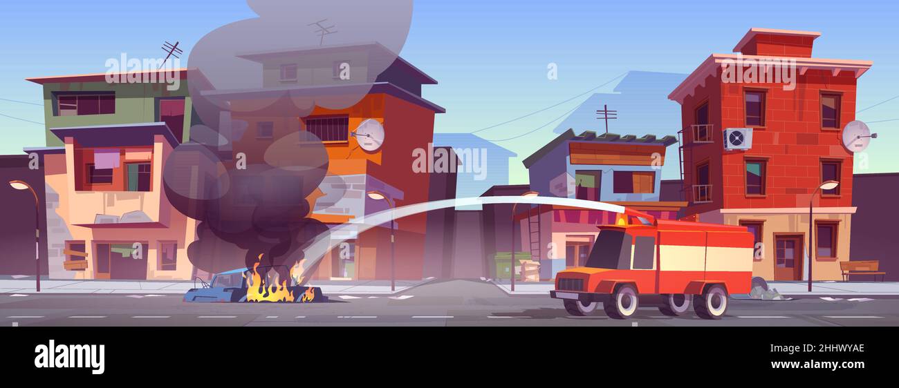 Firetruck extinguishing burning car on ghetto area road. Vector cartoon ...