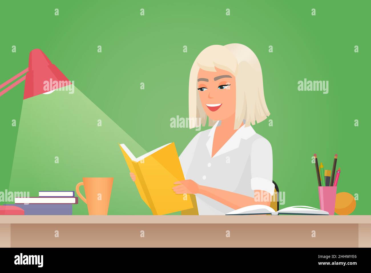 Cartoon Student Reading At Desk