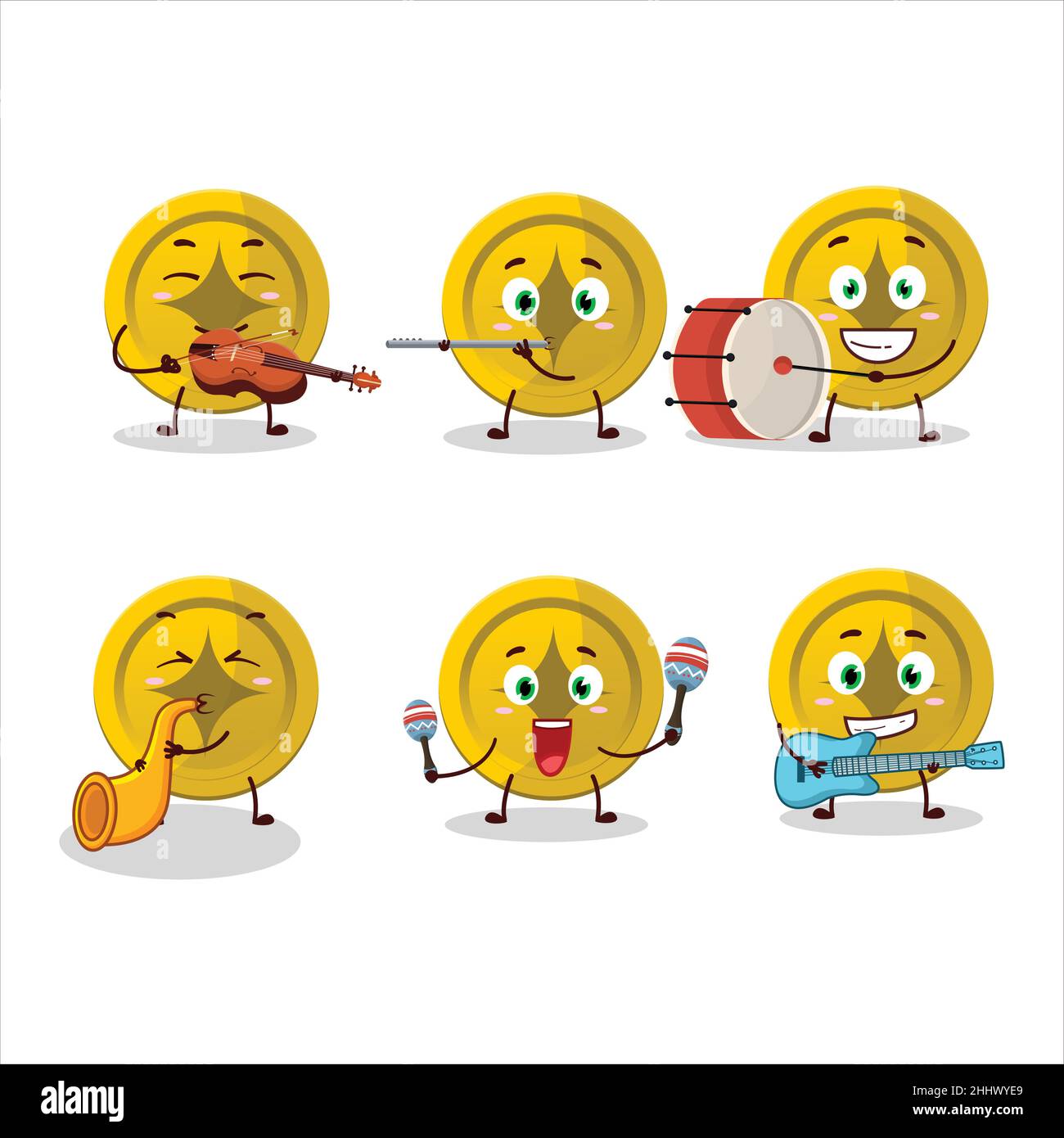 Cartoon character of gold coin playing some musical instruments. Vector ...