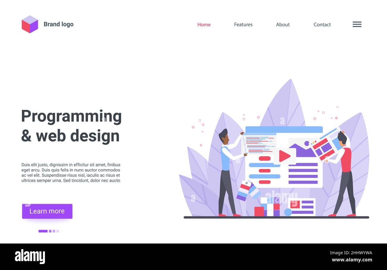 Programming, web design vector illustration. Cartoon programmer designer people create website ...