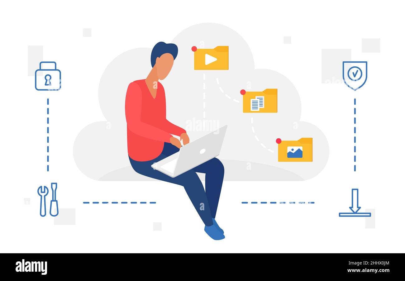 People work with cloud web storage service vector illustration. Cartoon ...