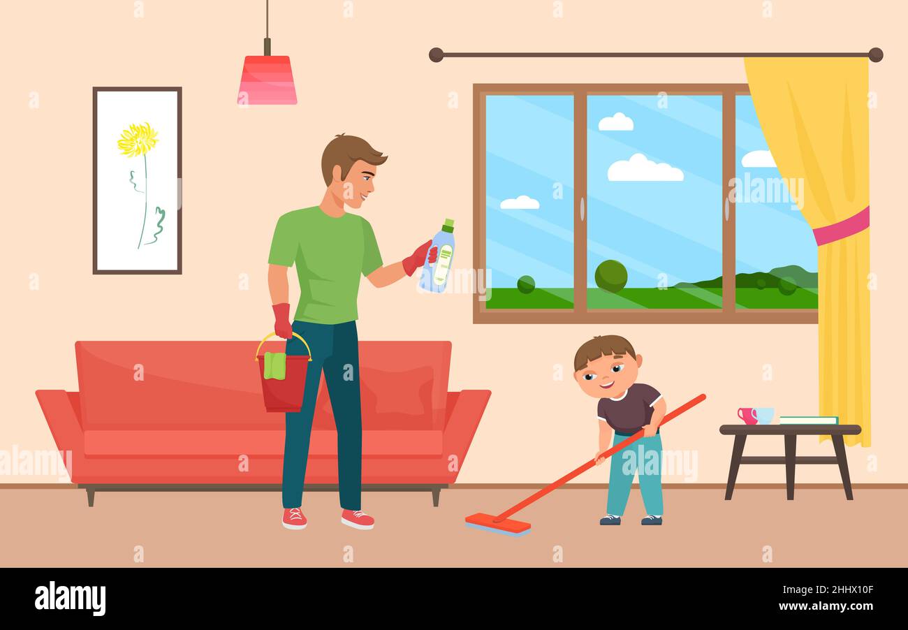 Father and son housekeeping together, clean home apartment, family ...