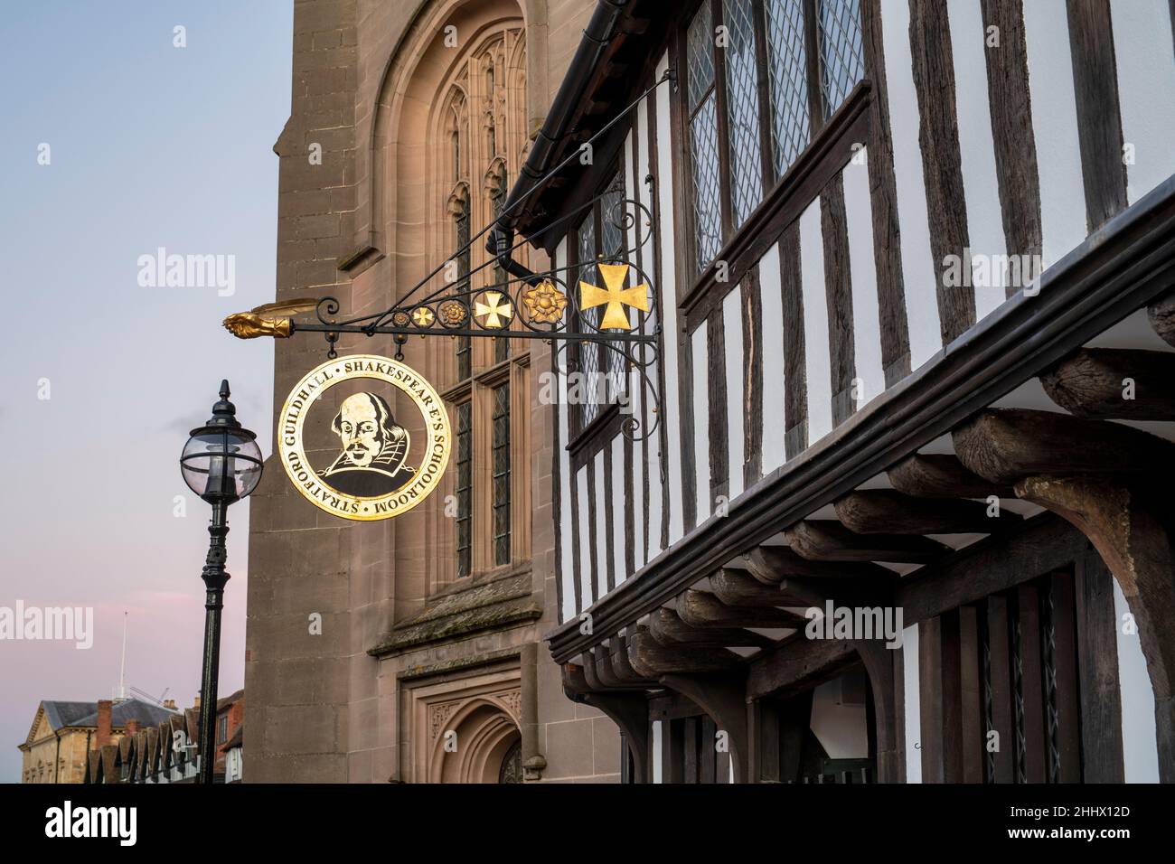 Guildhall Sign on Shakespeare's Schoolroom & Guildhall. Stratford Upon ...