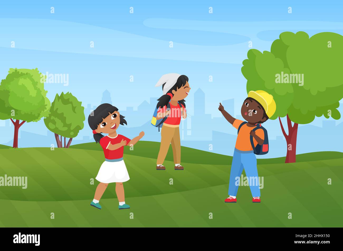 Happy children hike in summer park nature landscape vector illustration ...