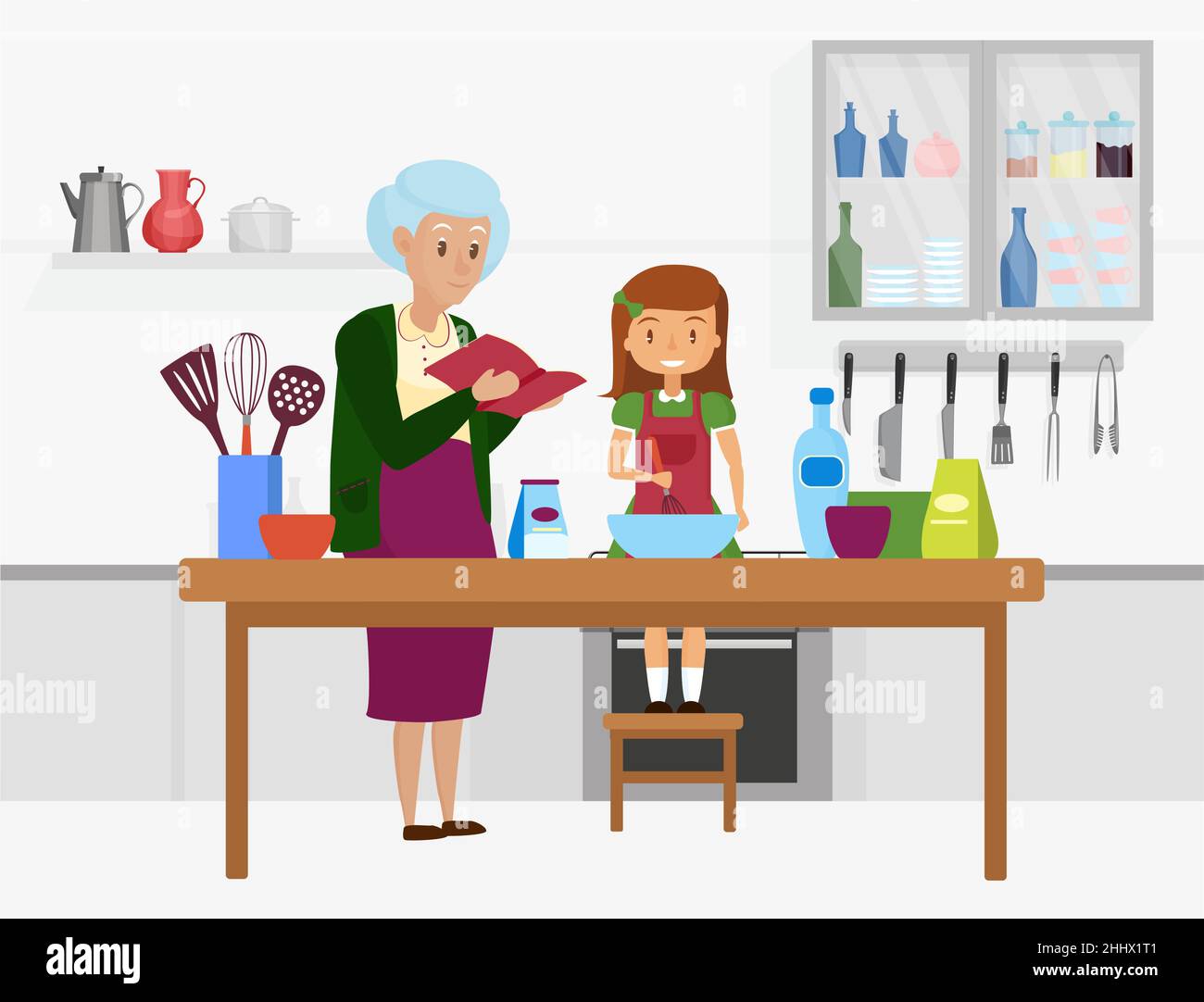Happy family cook food together vector illustration. Cartoon ...