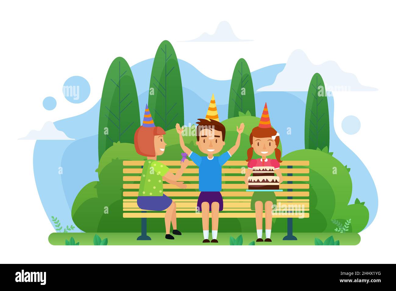 Kids celebrate birthday on a bench in the park vector illustration ...