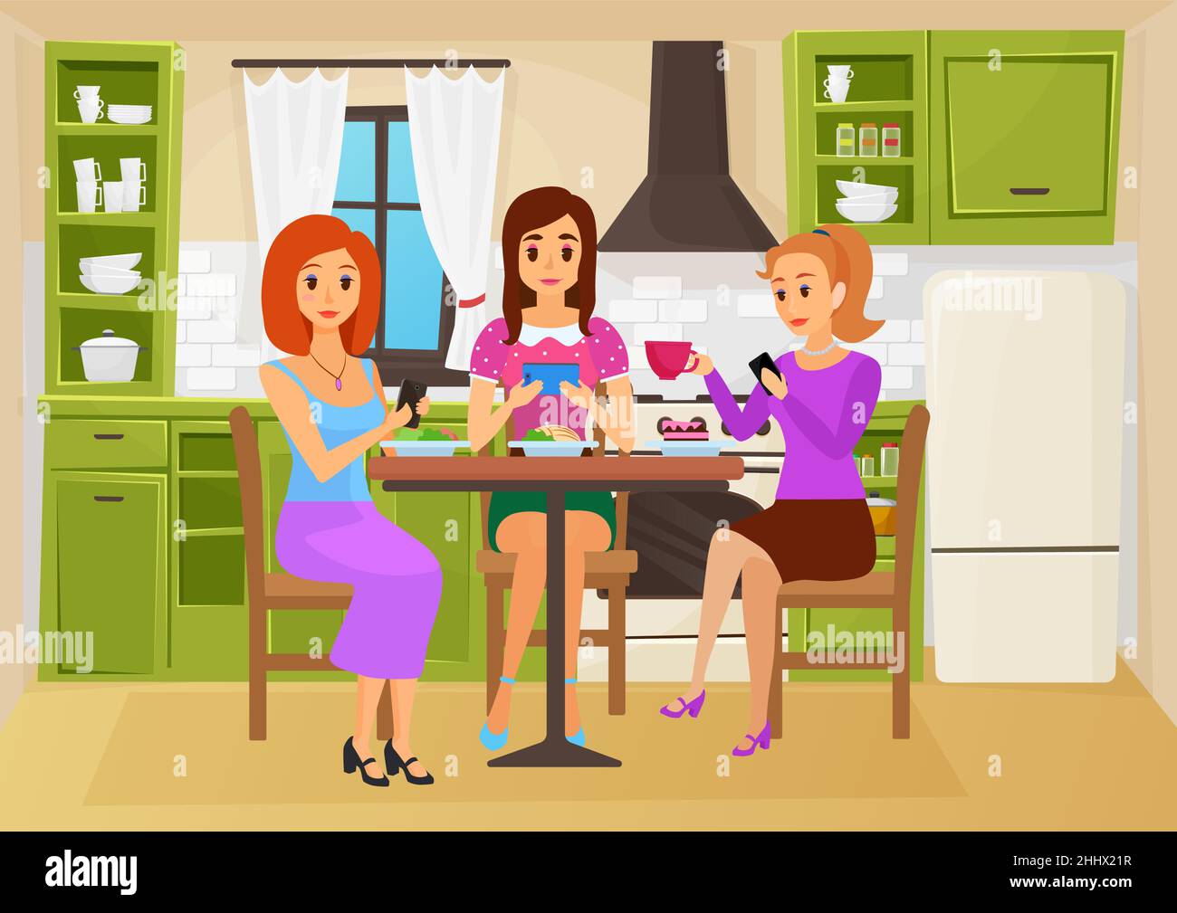 People friends eat food in cute kitchen together vector illustration ...