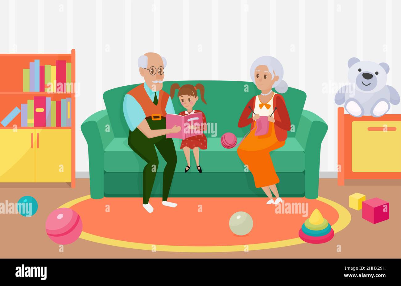 Happy family people read book vector illustration. Cartoon grandmother ...