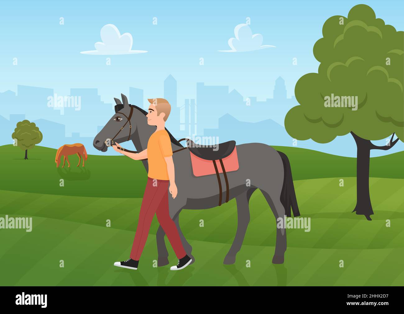 Man with horse in summer green landscape vector illustration. Cartoon ...