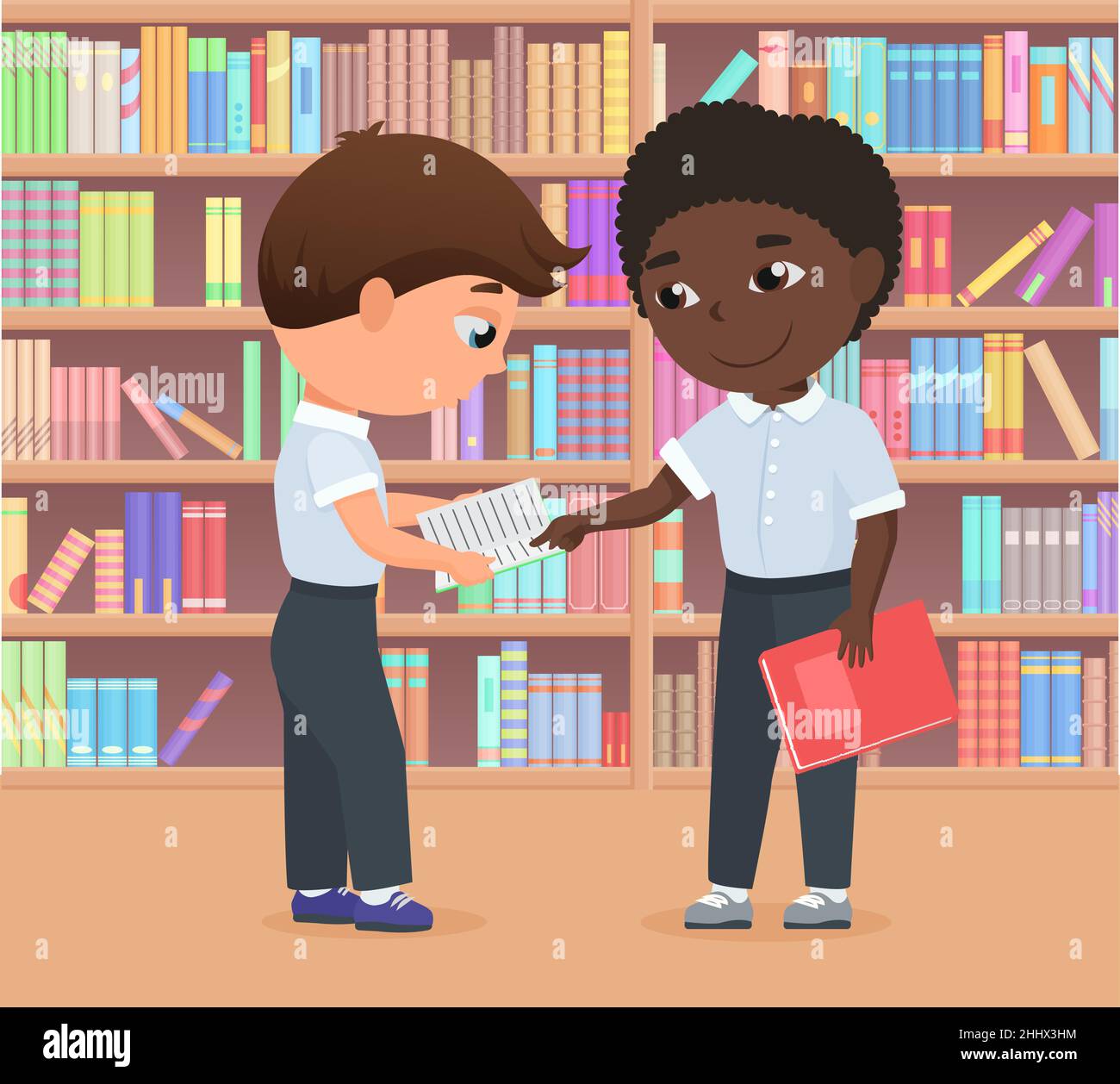 Children standing in library or bookstore together, kids study vector ...