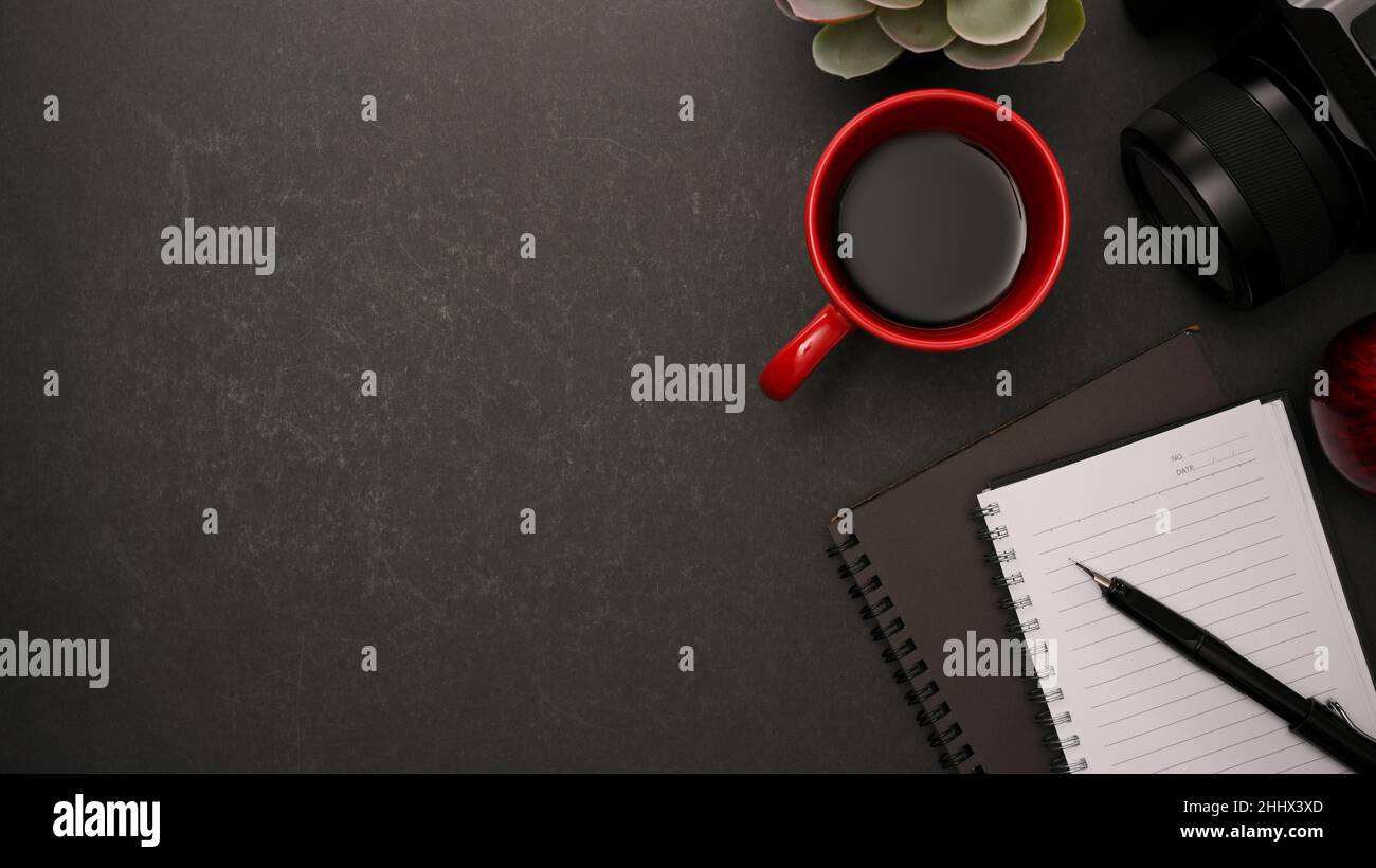 Modern minimal dark workspace background with accessories and copy ...