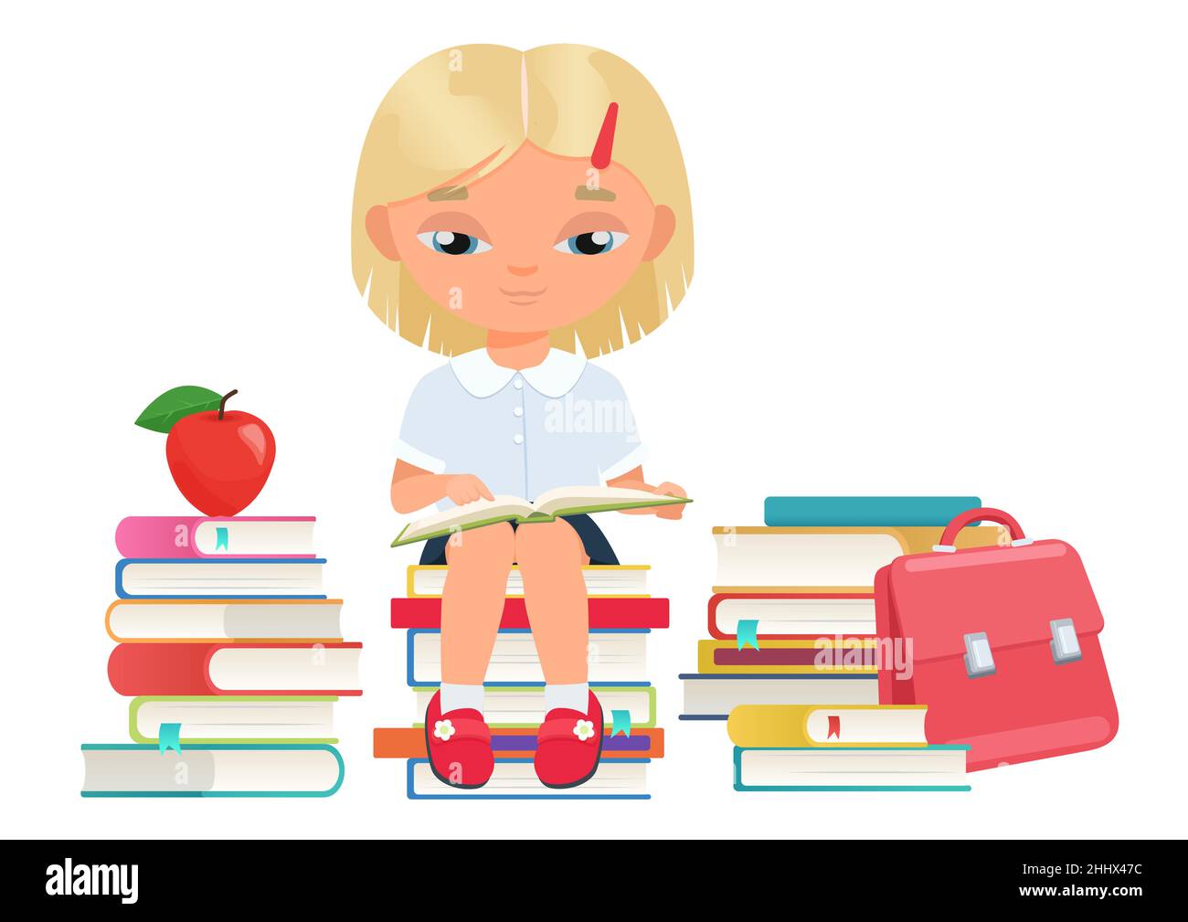 Happy girl student reading open book in library, education and learning ...