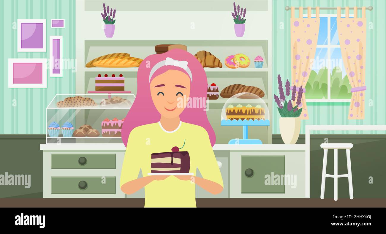 Bakery shop vector illustration. Cartoon happy chef baker woman ...