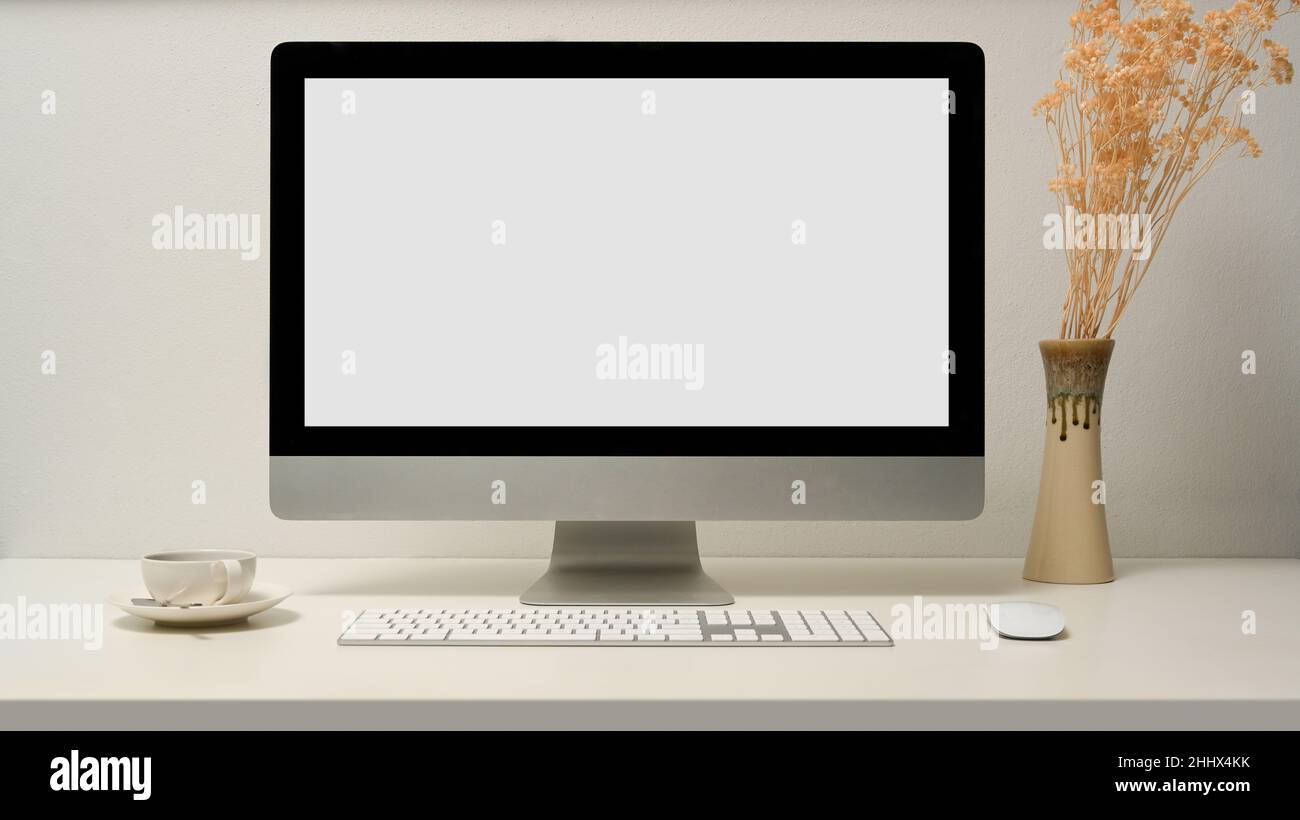 Computer desk with pc desktop computer white screen mockup on white ...