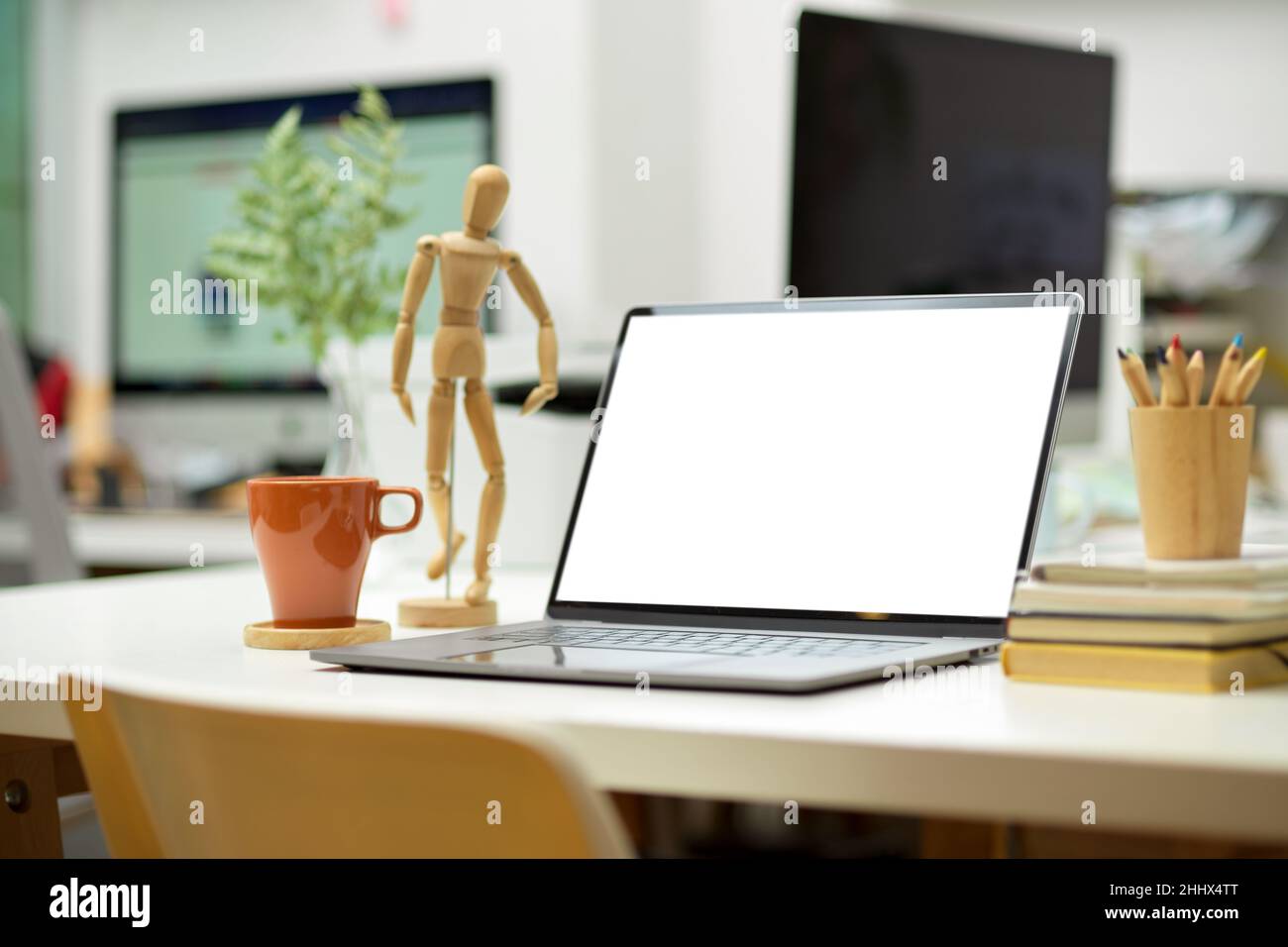 Office workspace with laptop computer blank screen mockup, office ...