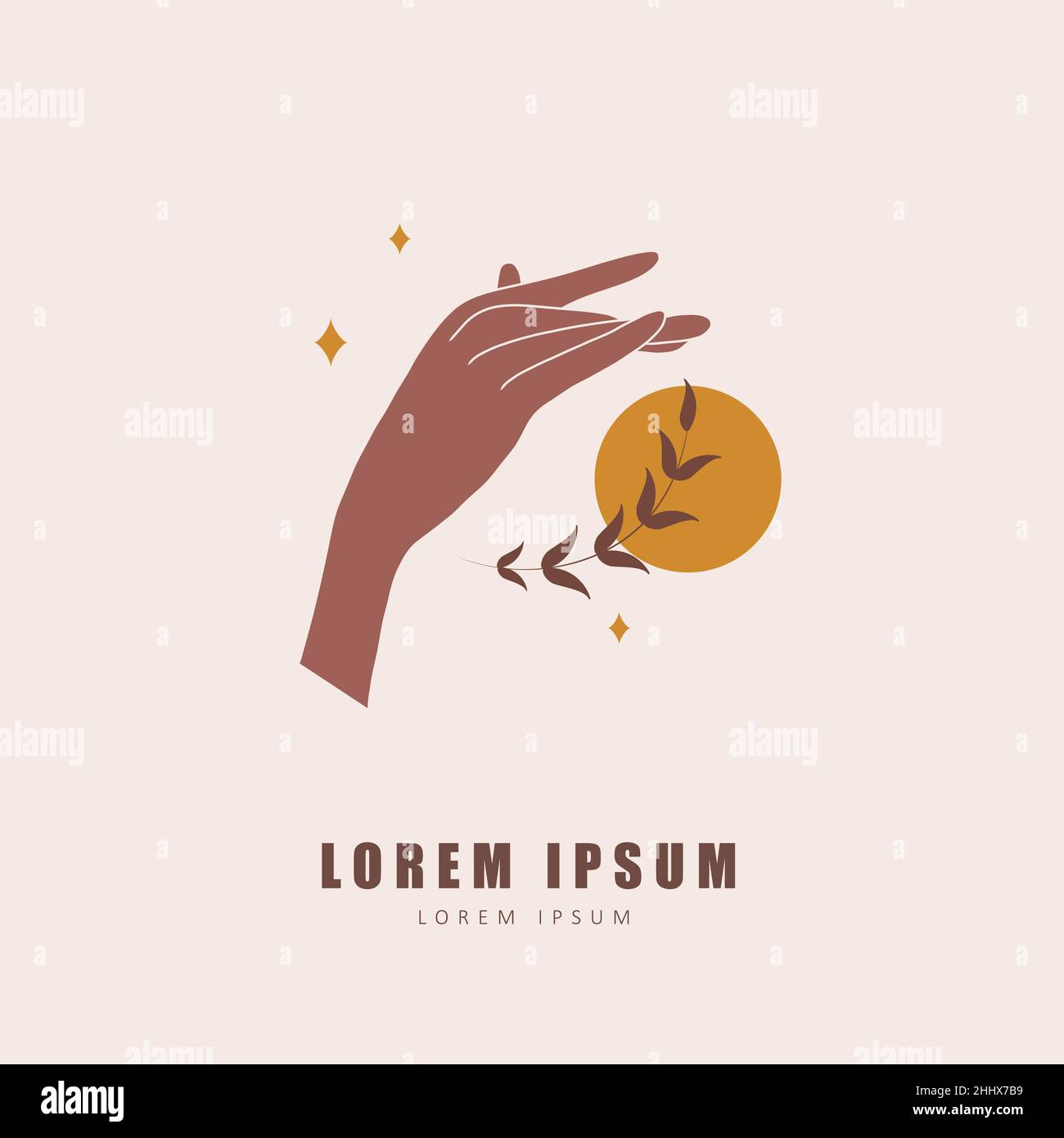 Boho hand with plant and sun. Bohemian aesthetic logo in pastel colors ...