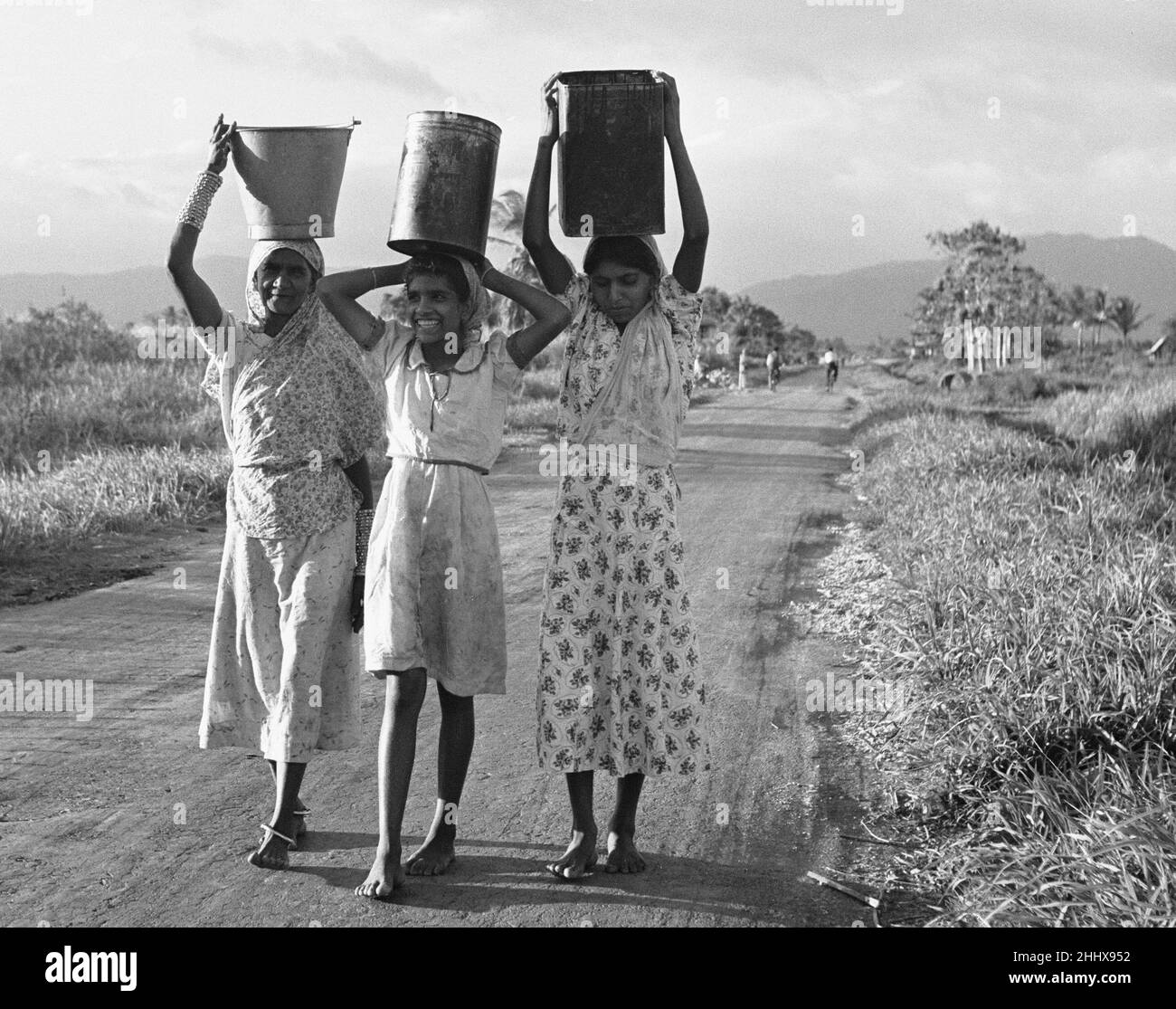 Three East Indian women carrying water back to the workers in the sugar ...