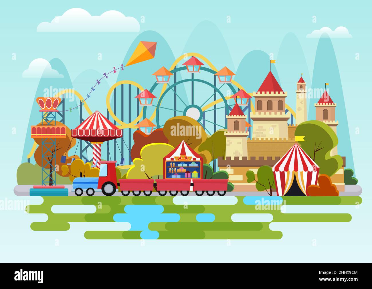 Amusement park vector concept on the mountains background Stock Vector ...