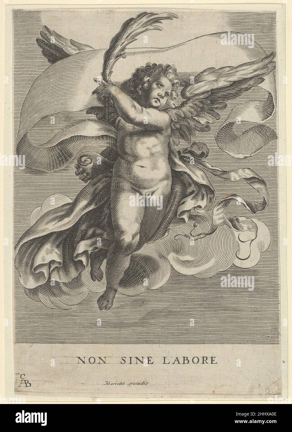 Winged genius holding a olive branch and a banderole 17th century After ...