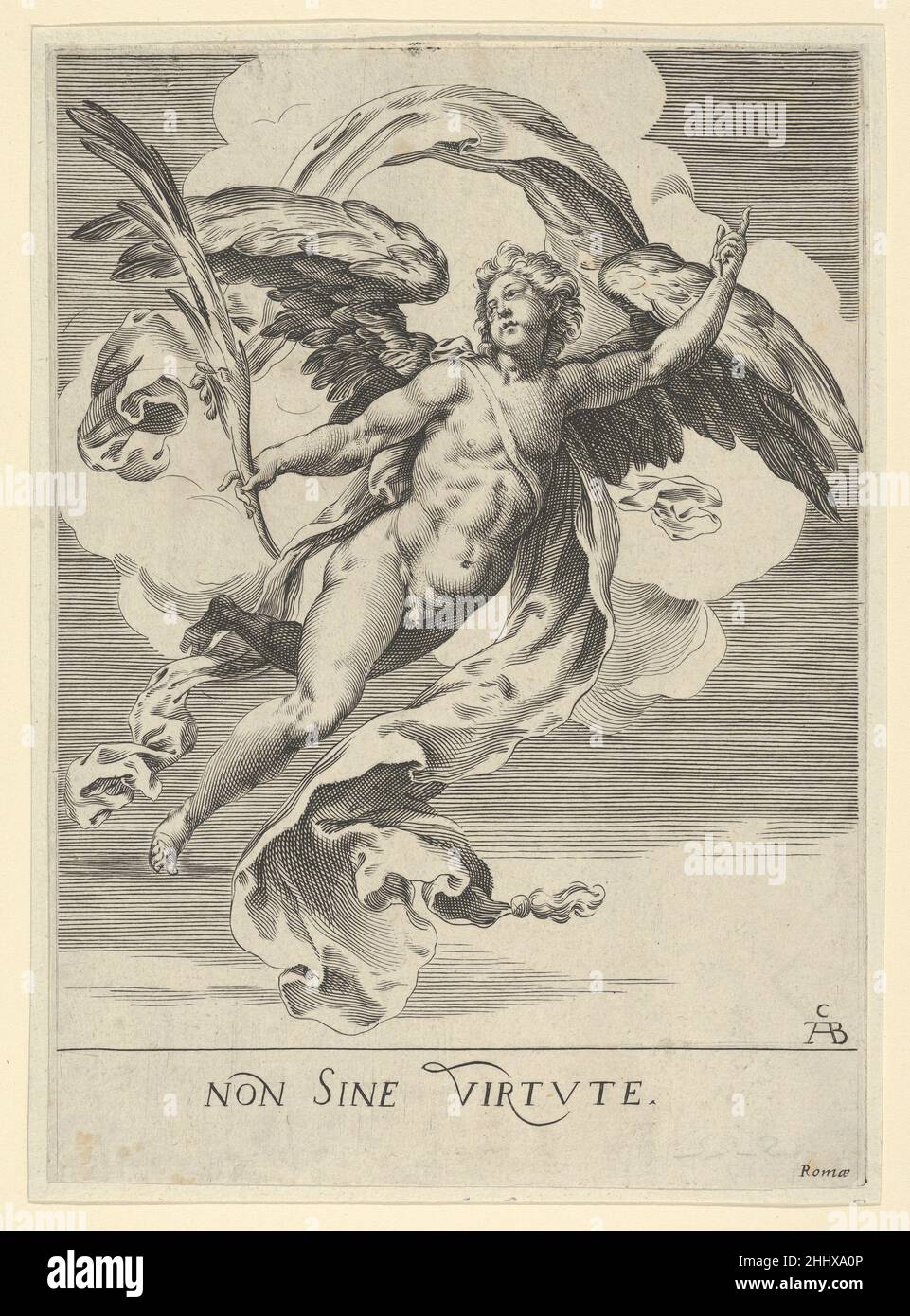 Winged angel holding a palm in his right hand and with drapery behind ...
