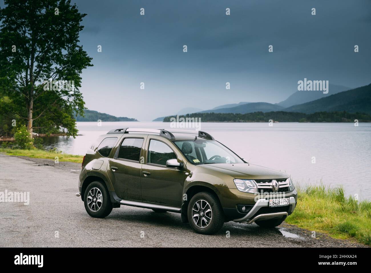 Kroderen, Norway. Car Renault Duster SUV Parked Near Lake Kroderen In ...